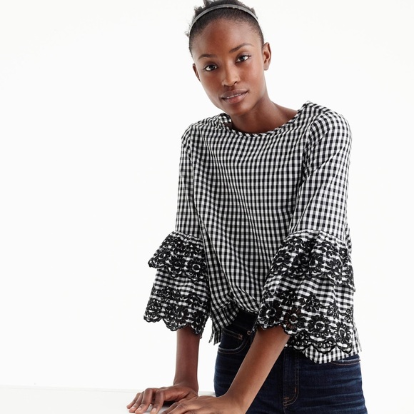 J. Crew | Tops | Jcrew Tiered Bell Sleeve Gingham Ruffle Top | Poshmark